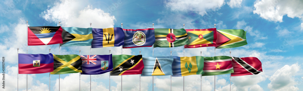 3D Illustration with national flags of the fifteen Caribbean countries ...