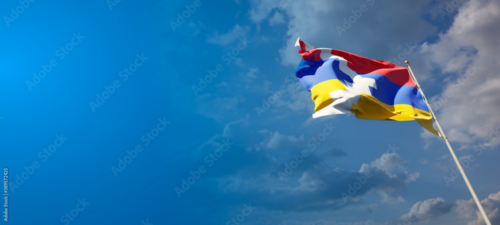 Beautiful national state flag of Artsakh with blank space. Artsakh flag ...