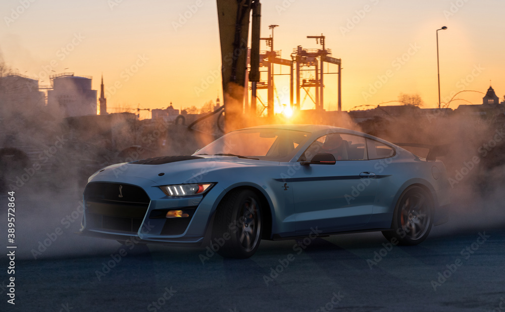 Ford Mustang Shelby GT500 drifting in a parking lot in an industrial ...