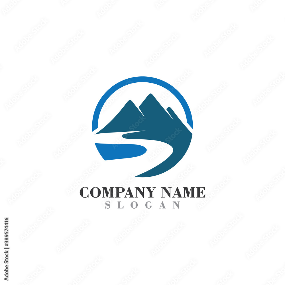 River logo simple mountain sunset sky nature hill vector design ...