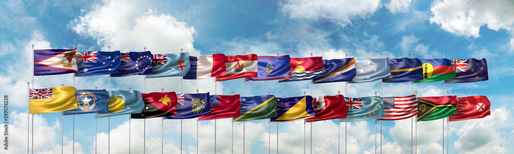 3D Illustration with the national flags of the 26 countries and ...