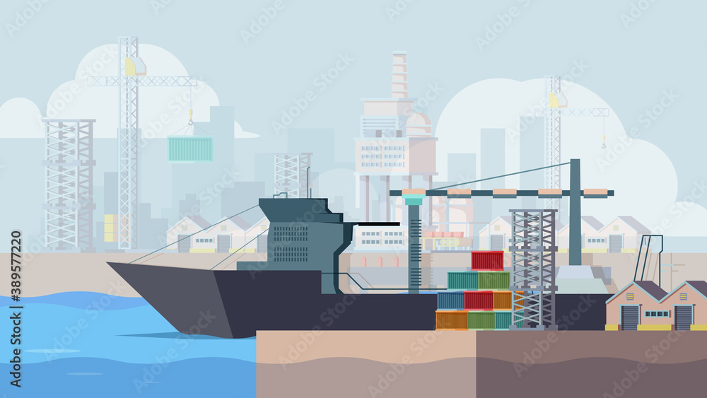 Marine docks. Cargo ship loading containers boat in seaport vector ...
