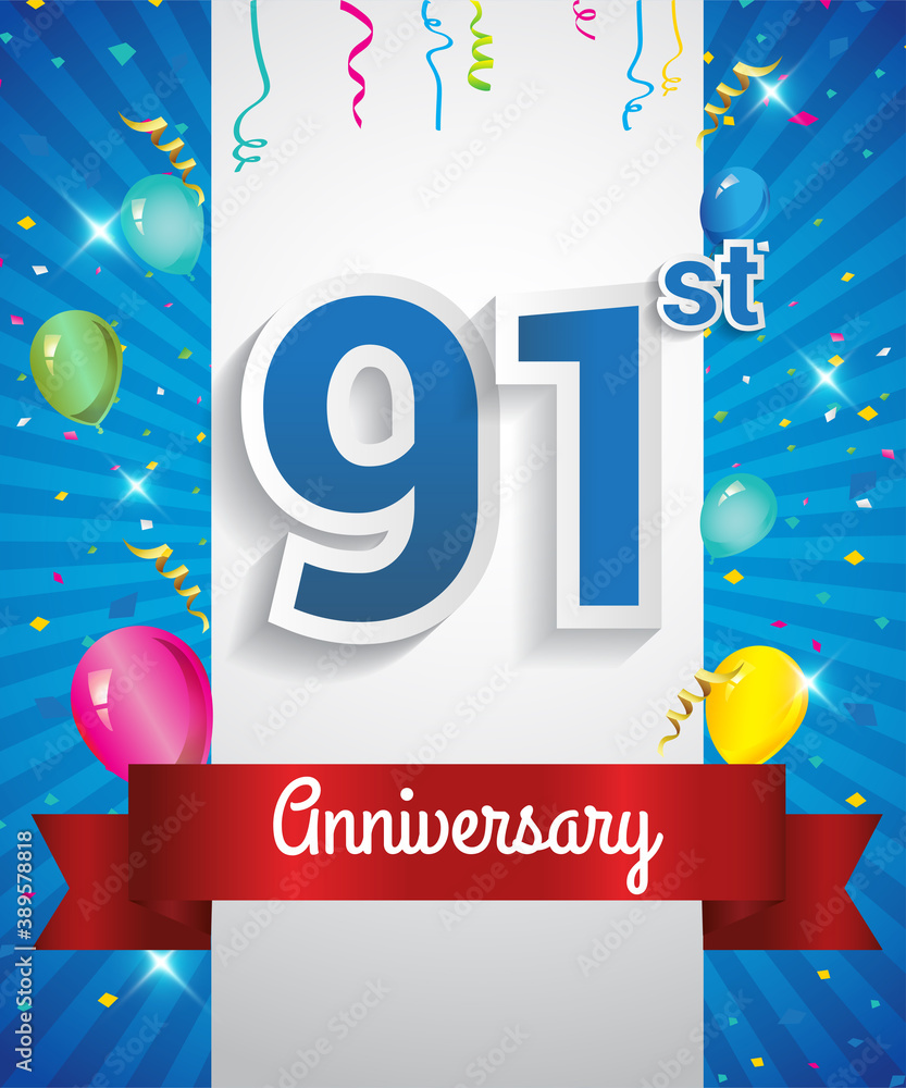 Vetor de Celebrating 91st Anniversary logo, with confetti and balloons ...
