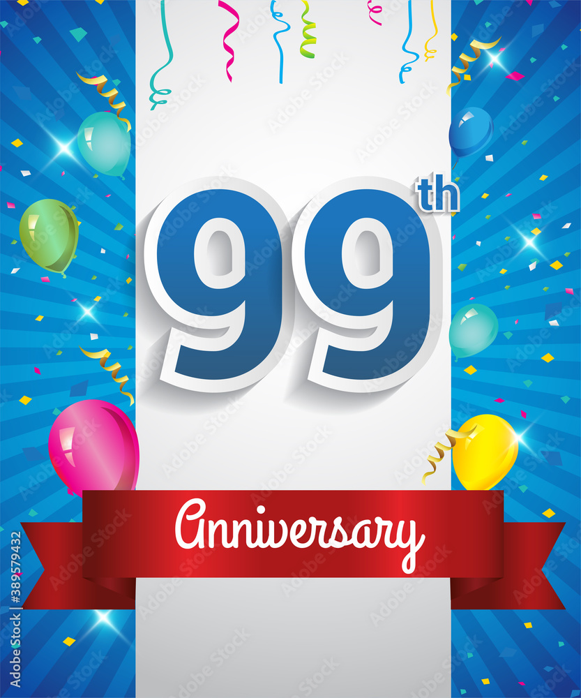 Celebrating 99th Anniversary logo, with confetti and balloons, red ...