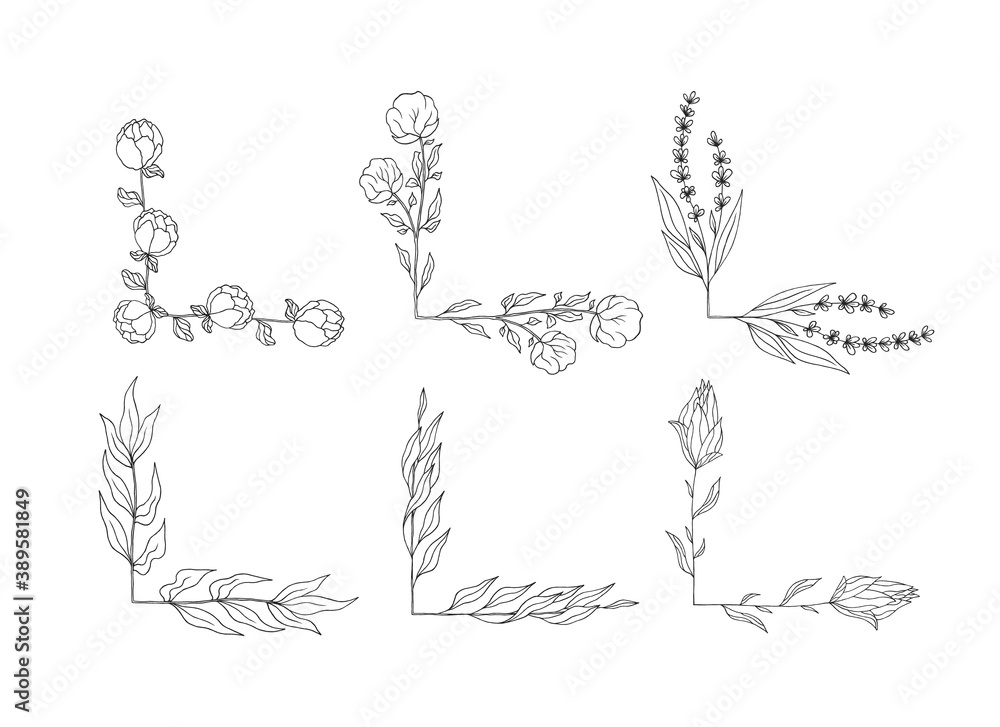 Set of floral branch corners. Rustic borders for wedding invitations ...