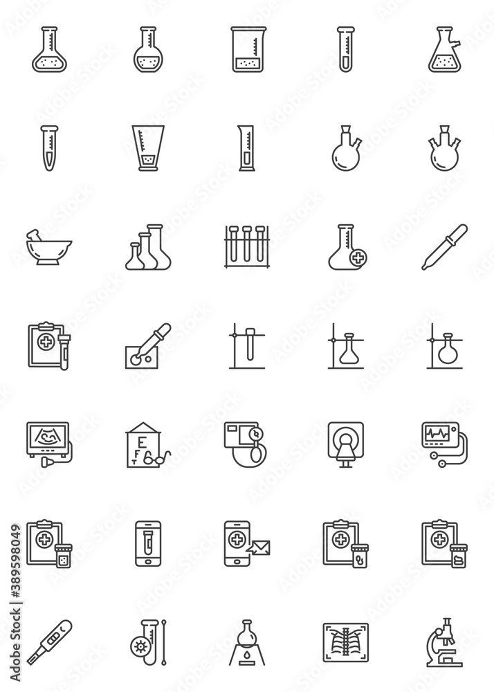 Laboratory diagnosis line icons set. Lab test linear style symbols ...