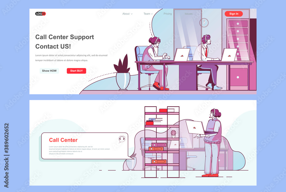 Call center landing pages set. Online hotline, customer assistance ...