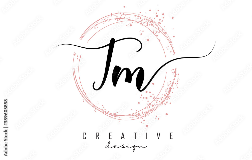 Handwritten TM T M letter logo with sparkling circles with pink glitter ...