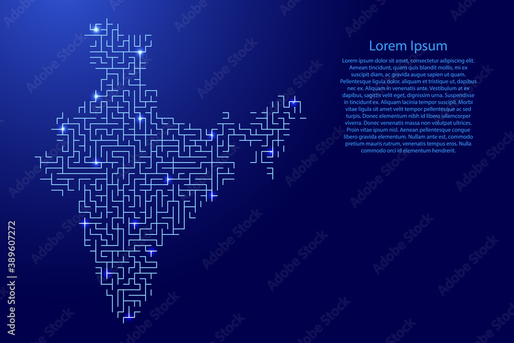 India map from blue pattern of the maze grid and glowing space stars ...