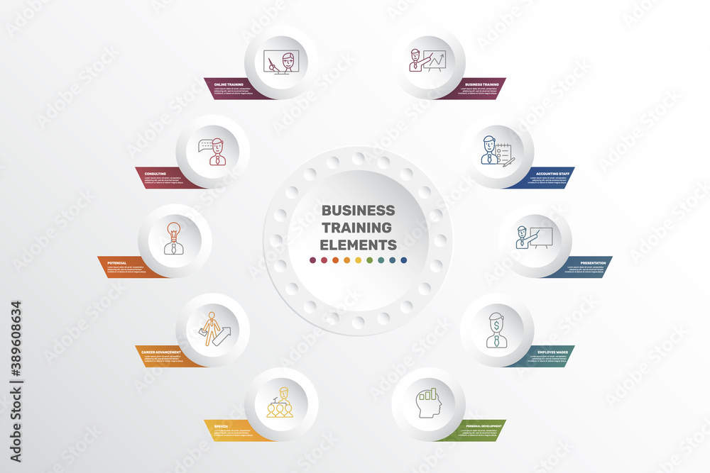 Infographic Business Training template. Icons in different colors ...