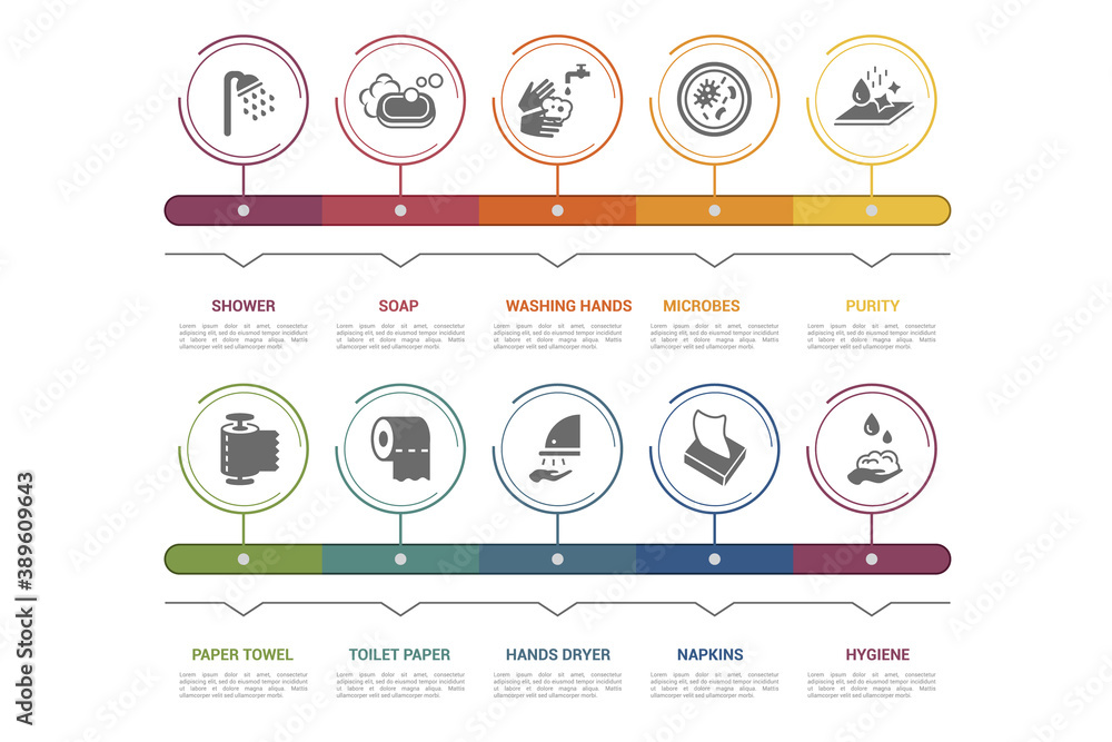 Infographic Hygiene template. Icons in different colors. Include Shower ...