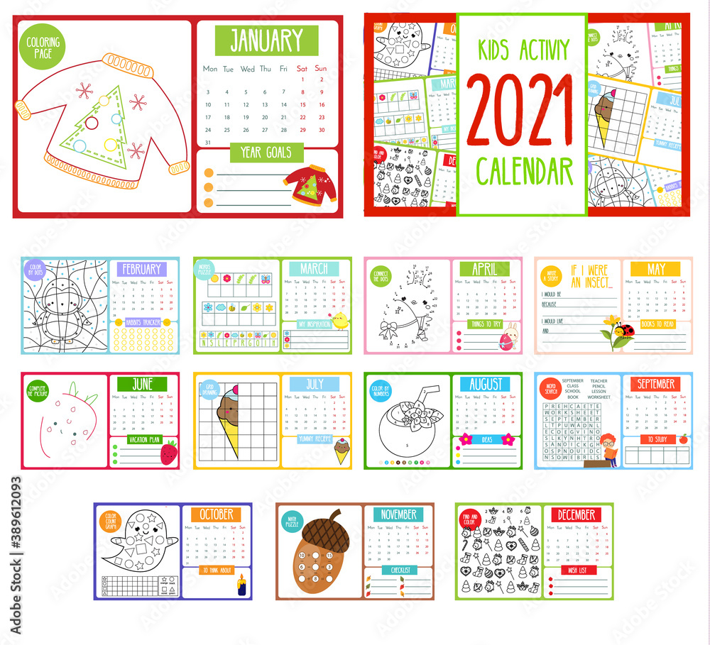 Kids activity calendar. 2021 annual calendar with educational games for ...