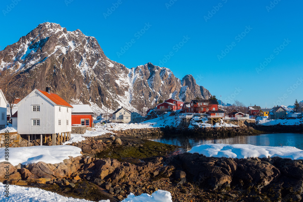 Old traditional fisher hut called Rorbu near Svolvaer on the Lofoten ...
