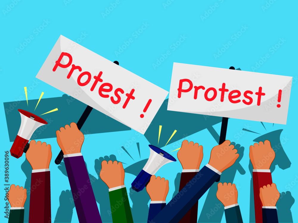 Protesters hands holding protest signs. crowd of angry people. crowd of ...