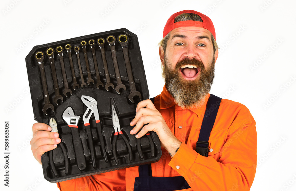 Worker repairer repairman handyman carrying toolbox. Really good tools ...