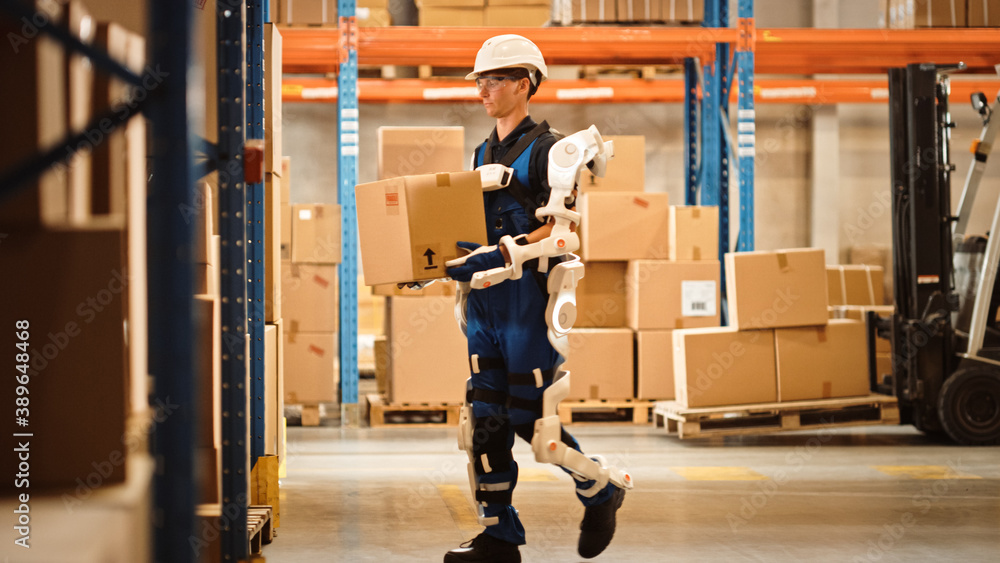 High-Tech Futuristic Warehouse: Worker Wearing Advanced Full Body ...
