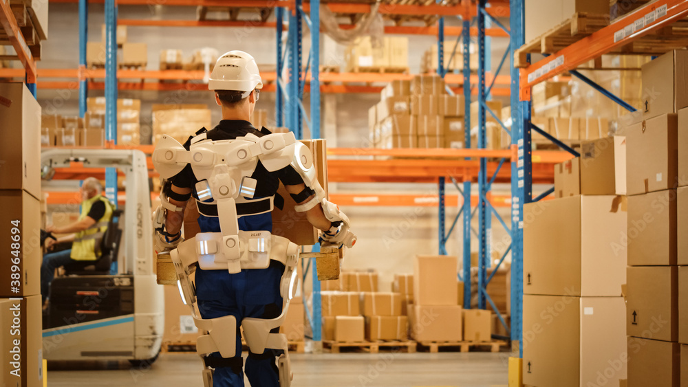 High-Tech Futuristic Warehouse: Worker Wearing Advanced Full Body ...