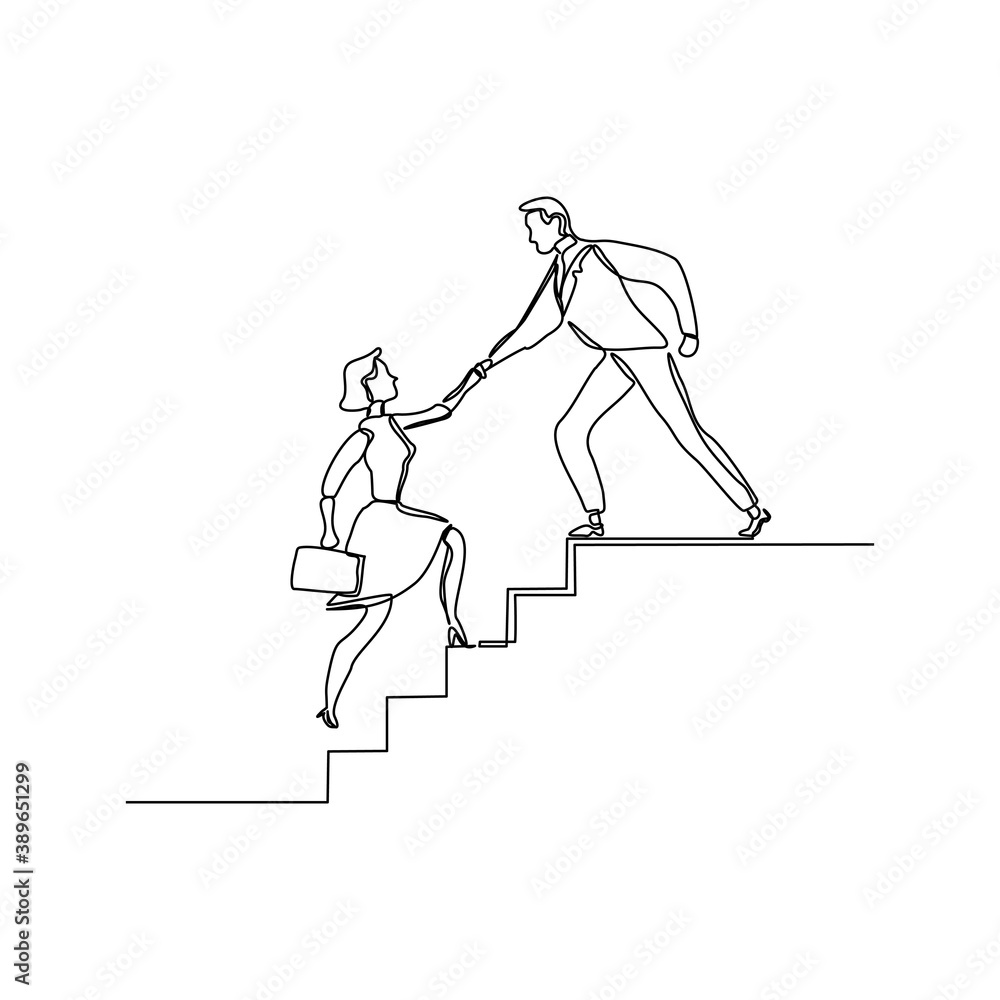 Continuous line drawing of business team work climb stairs. One line ...
