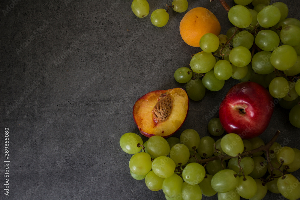 Colorful juicy fruits border. Fresh summer fruits top view horizontal ...