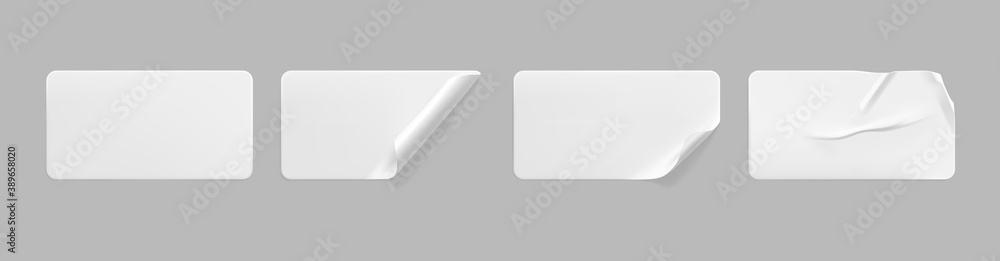 White glued crumpled stickers with curled corners mock up set. Blank ...