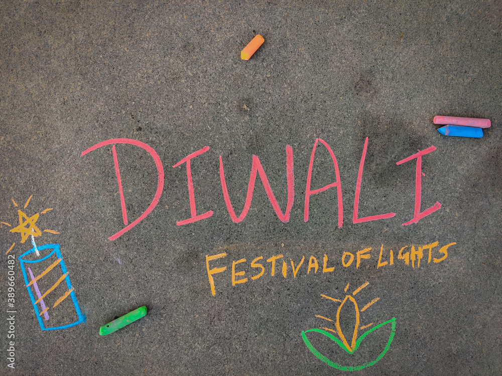 The inscription text on the grey board,Diwali festival of lights with ...