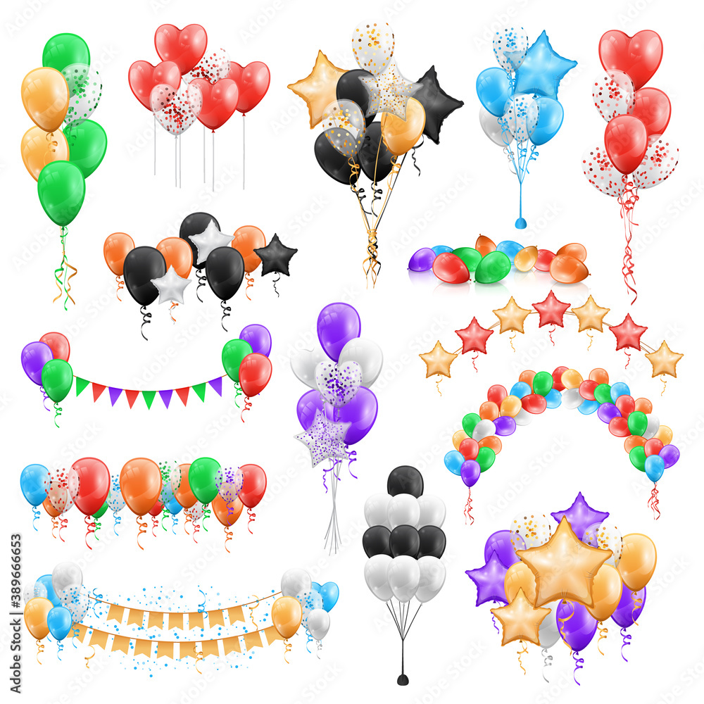 Bunches of color glossy balloons isolated set. Vector compositions of ...