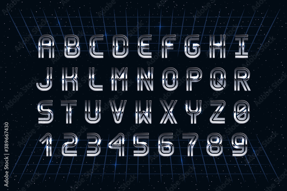 Retro Chrome Font in the Style of 80's. Vector Sci-Fi Typography ...