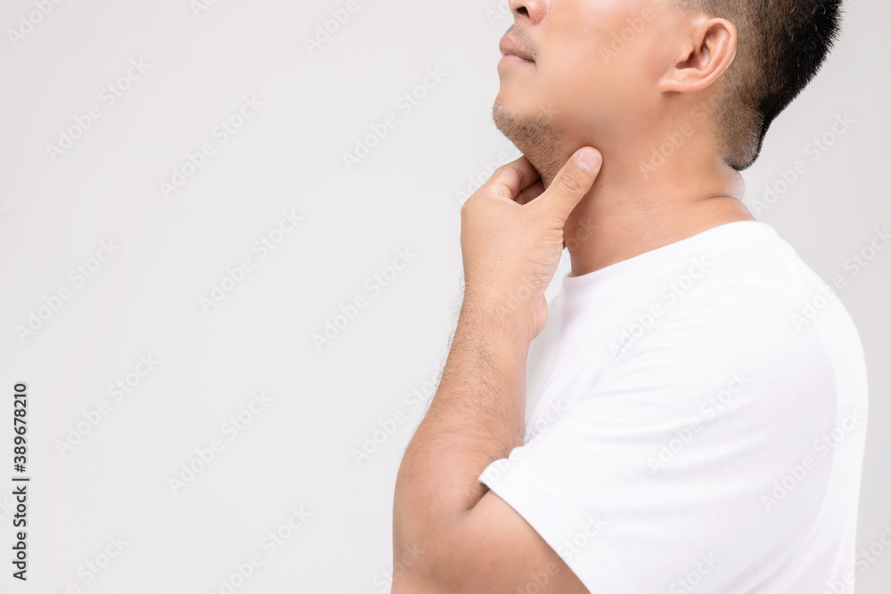 Lymphoma in men concept : Portrait Asian man is touching on his neck at ...