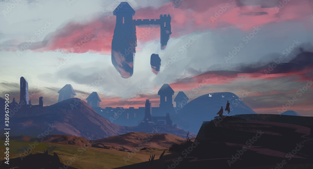 Digital painting of fantasy concept art of floating castle environment ...