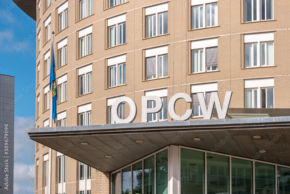 The Hague, Netherlands- July 1, 2019: The inscription on the building ...