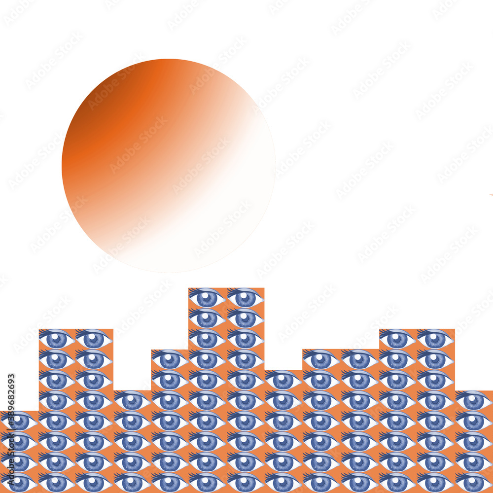 full orange moon over the city, abstract landscape, building with eyes ...