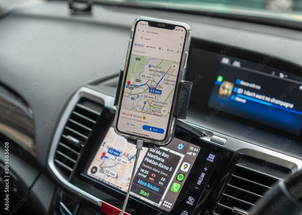BANGKOK, THAILAND-27 October, 2020: Google Maps app with Apple CarPlay ...
