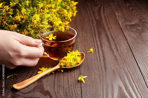 Hand with cup of medicinal herbs drink - Hypericum perforatum or st ...