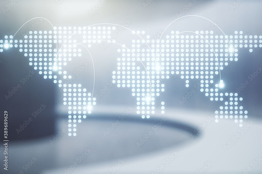 Abstract virtual world map with connections on empty corporate office ...