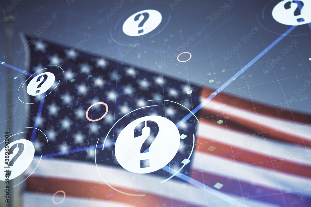 Abstract virtual question mark illustration on USA flag and sunset sky ...