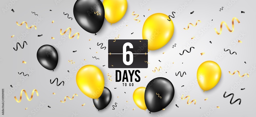 Six days left icon. Countdown scoreboard timer. Balloon confetti ...