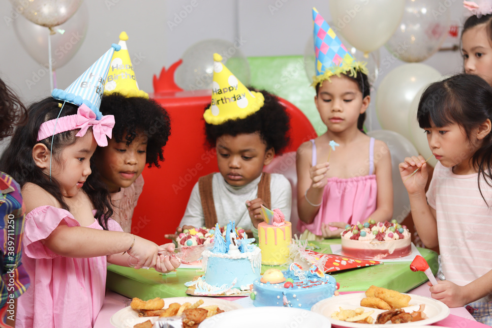 Happy birthday party event, group of adorable kids celebrate birthday ...