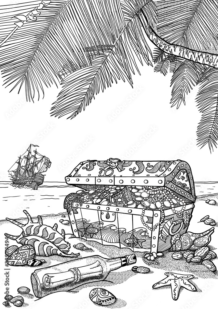 Treasure island illustration with treasure chest and tropical plants ...