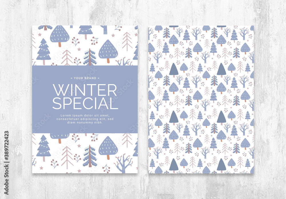 Snowy Winter Card Invite Layout with Scandinavian Christmas Tree ...