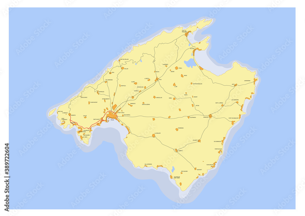 Palma de Mallorca island map with roads, Spain. Balearic Islands ...