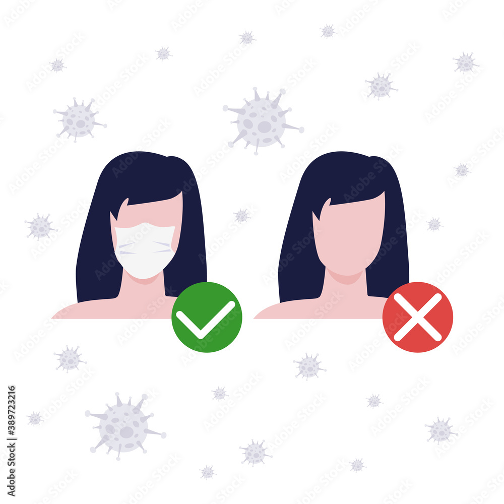White woman with and without medical mask around viruses. Vector ...