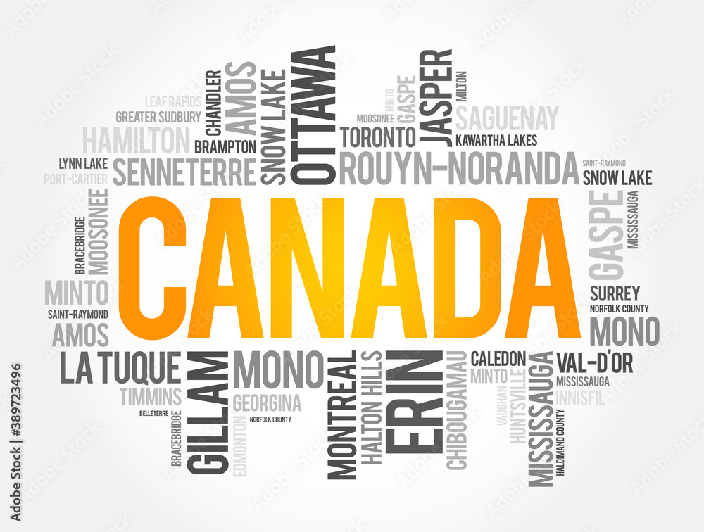 List of cities and towns in Canada, word cloud collage Stock ...