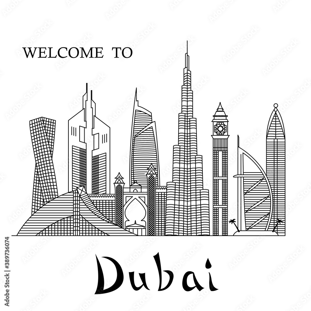 Detailed Dubai city line art vector illustration with famous ...