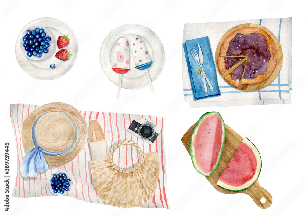 Hand drawn watercolor clipart set of summer picnic elements isolated on ...