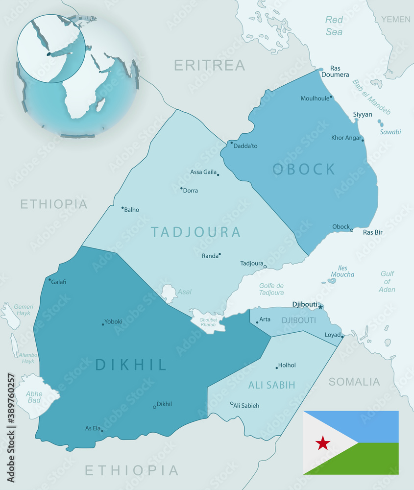 Blue-green detailed map of Djibouti administrative divisions with ...