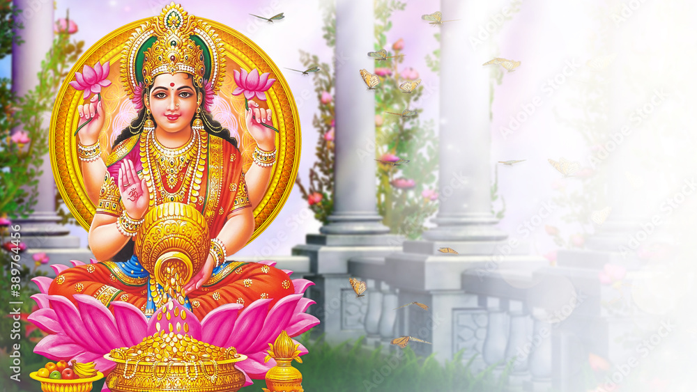 Laxmi Mata With Pot of Gold Coins falling from it on occasion of Diwali ...