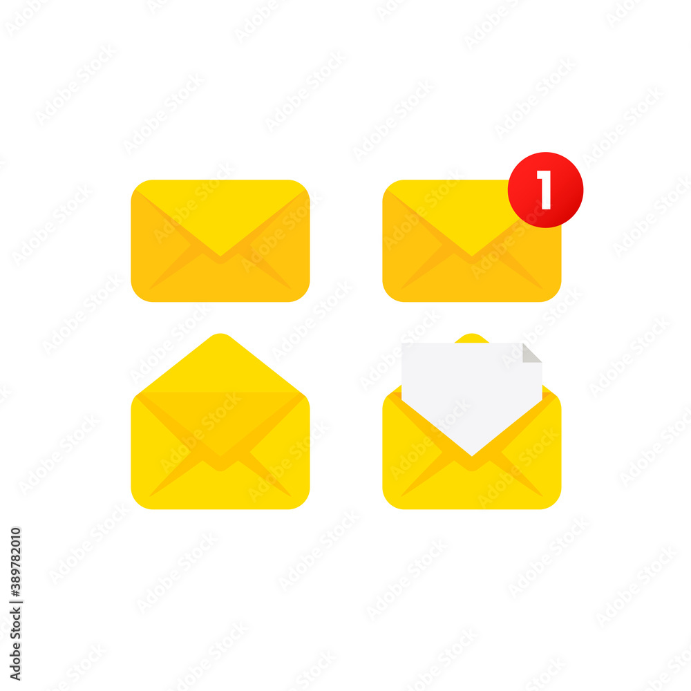 Envelope flat vector icon set. Document enclosed in envelope, closed ...