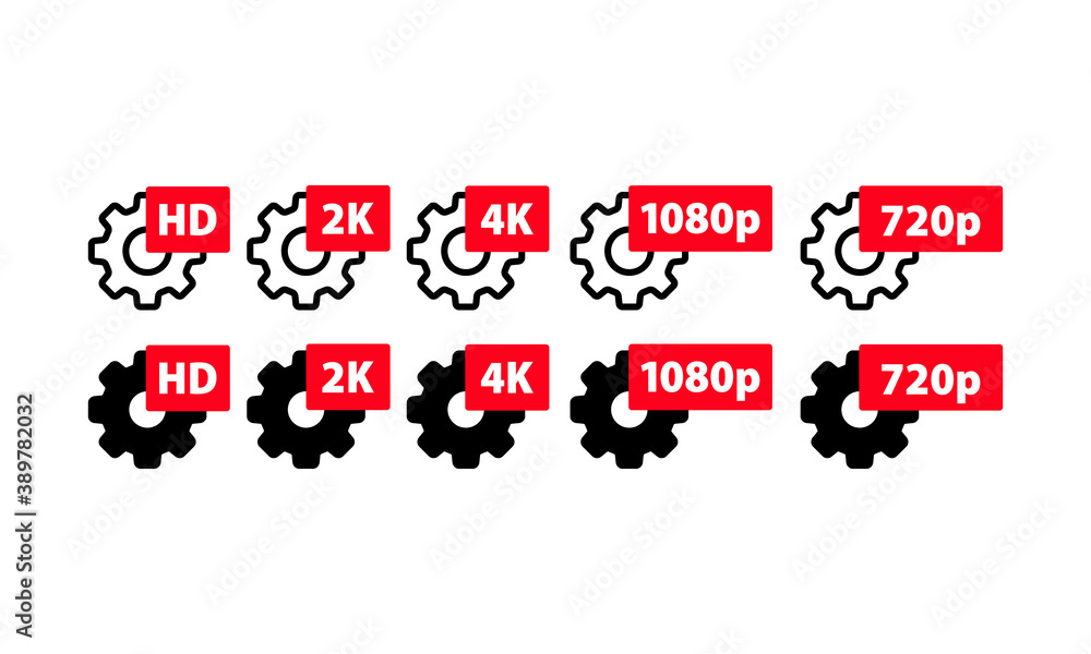 Video quality symbol HD, Full HD, 2K, 4K, 720p, 1080p icon set. Gears ...