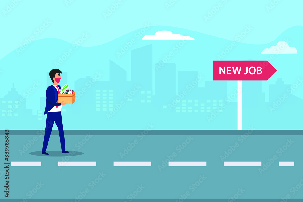 New Job vector concept: Businessman in face mask walking toward New Job ...
