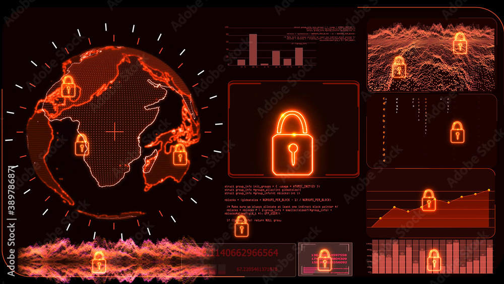 Red monitor digital global world map technology research develpoment ...